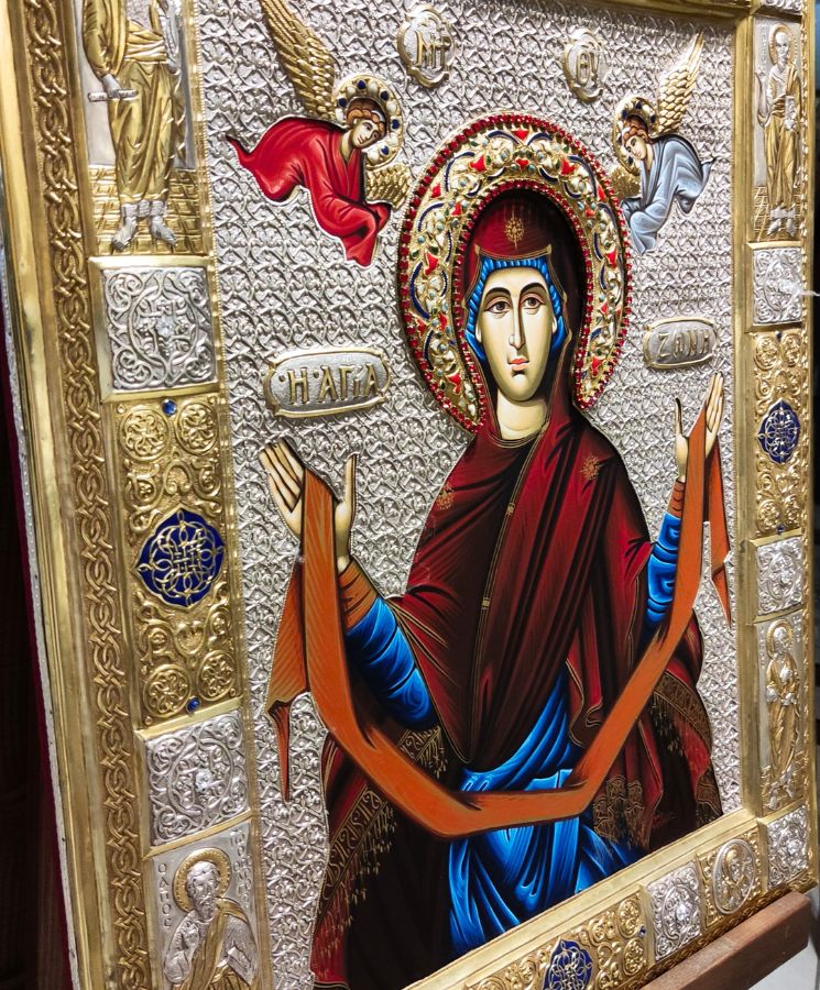 Virgin Mary Holy Belt - Silver icon on wood, locally gold plated and d ...