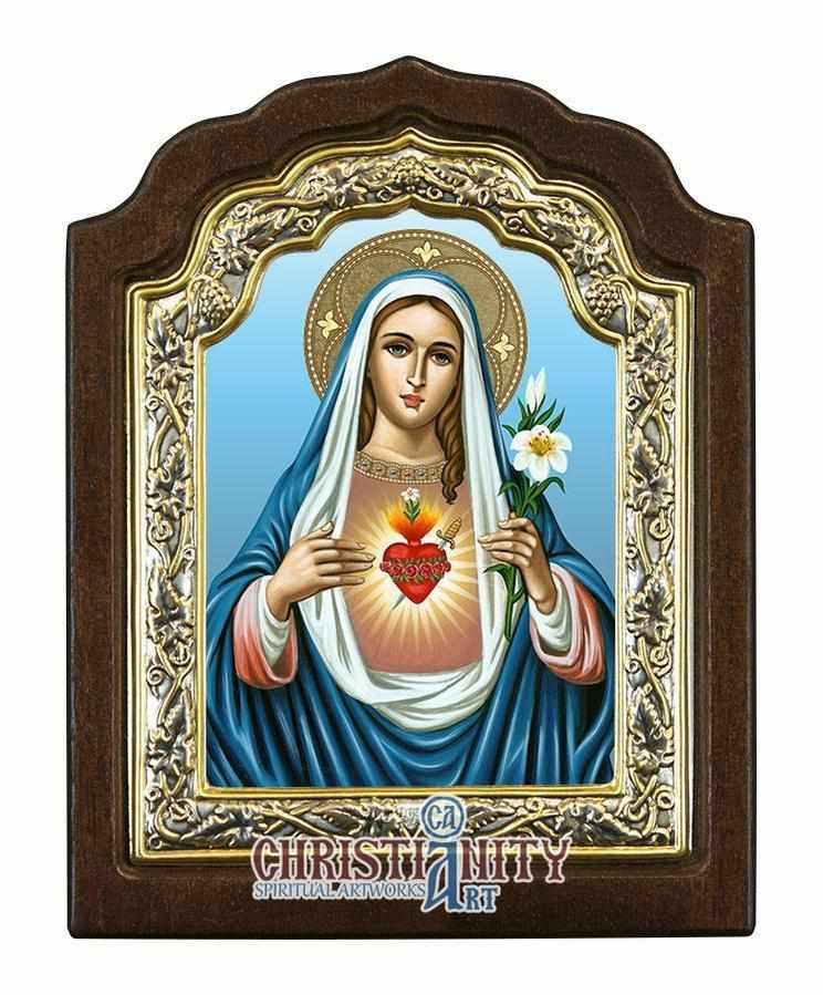 Immaculate Heart of Virgin Mary - Silver icon on wood, locally gold pl ...