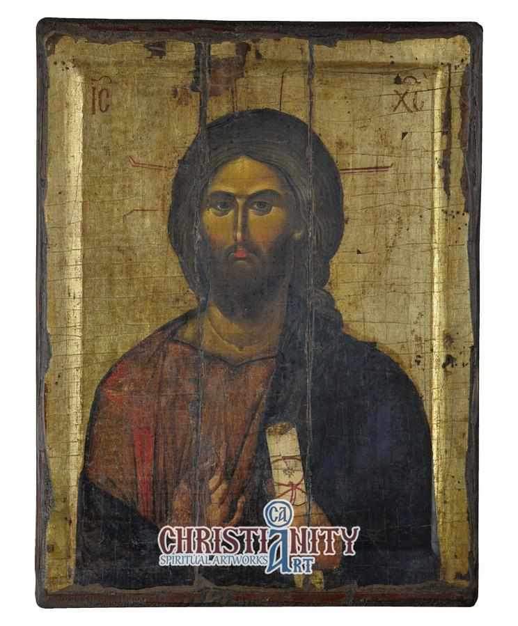 Jesus Christ - Aged wooden icon in canvas with gold background on carv ...