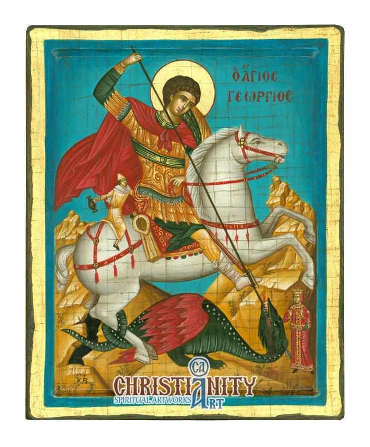 Saint George - 100% handpainted wooden icon in canvas with gold backgr ...