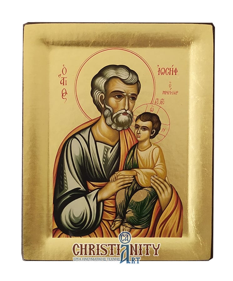 Saint Joseph - Wooden icon in canvas with gold background on carved wo ...