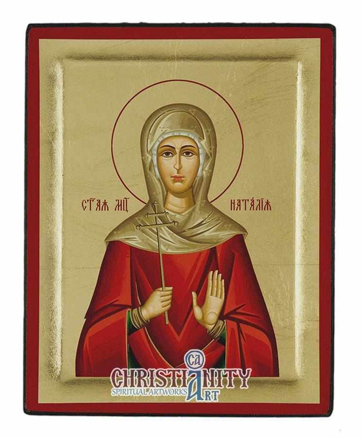 Saint Natalia - Wooden icon in canvas with gold background on carved w ...