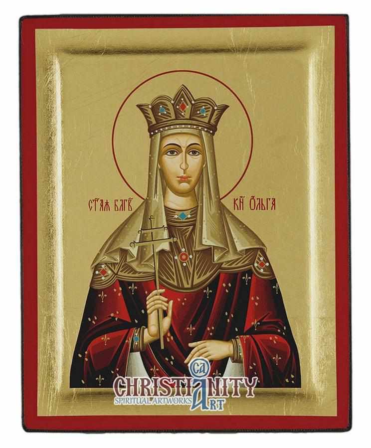 Saint Olga - Wooden icon in canvas with gold background on carved wood ...