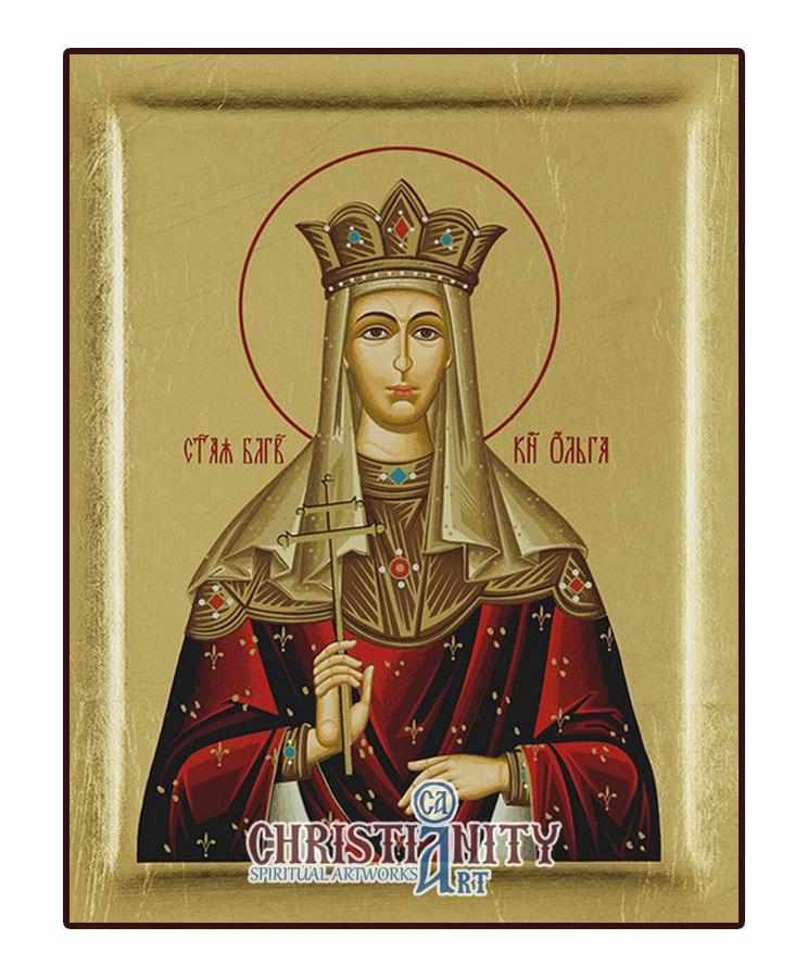 Saint Olga - Wooden icon in canvas with gold background on carved wood ...