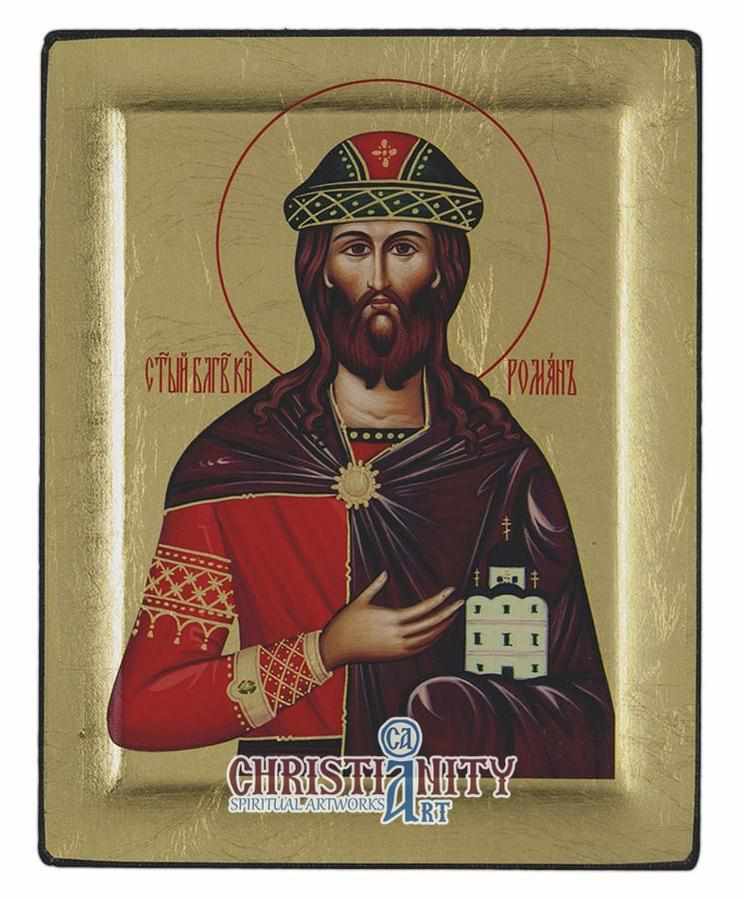 Saint Romanos - Wooden icon in canvas with gold background on carved w ...