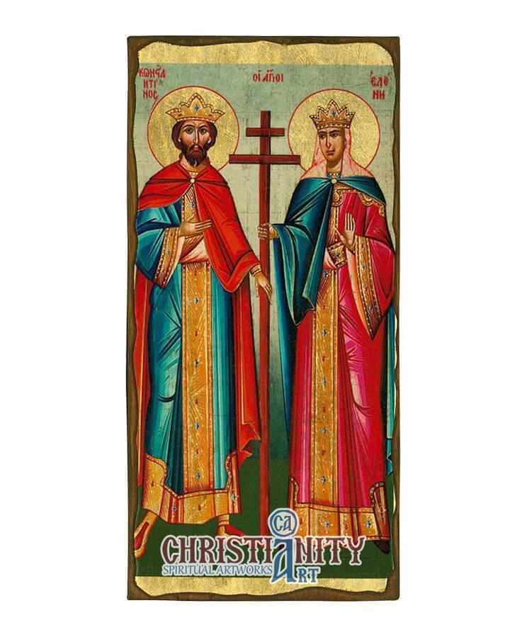 Saints Constantine and Helen - Aged wooden icon in canvas with gold ba ...