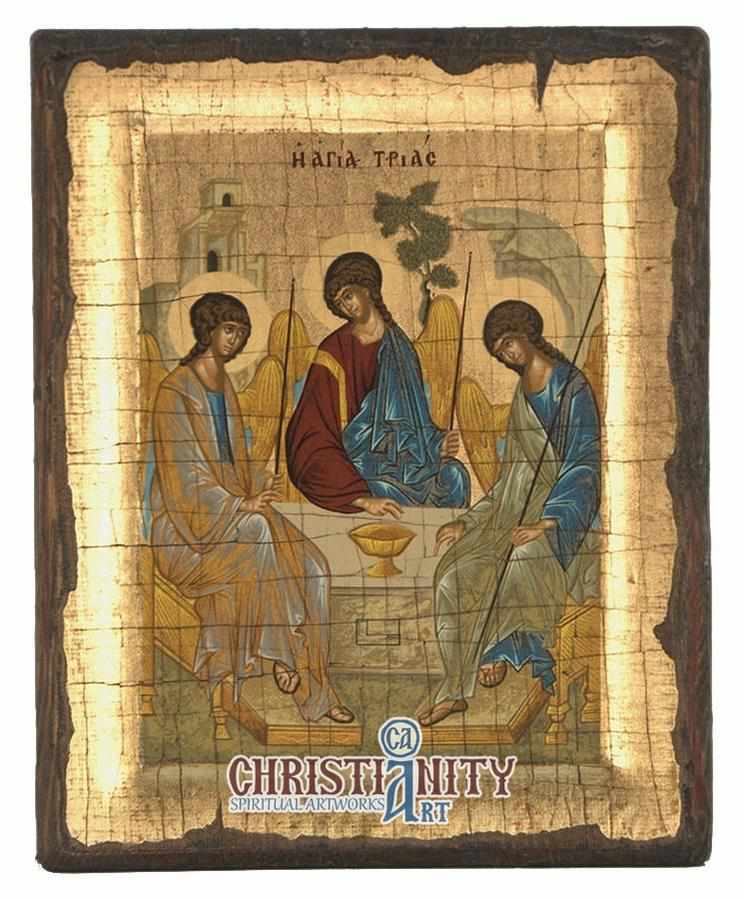 The Holy Trinity - Aged wooden icon in canvas with gold background on ...