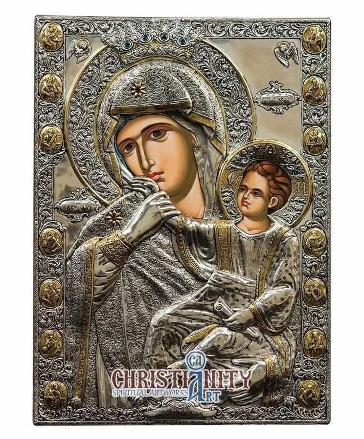 Virgin Mary Paramithia - Silver icon on wood, locally gold plated - Mo ...
