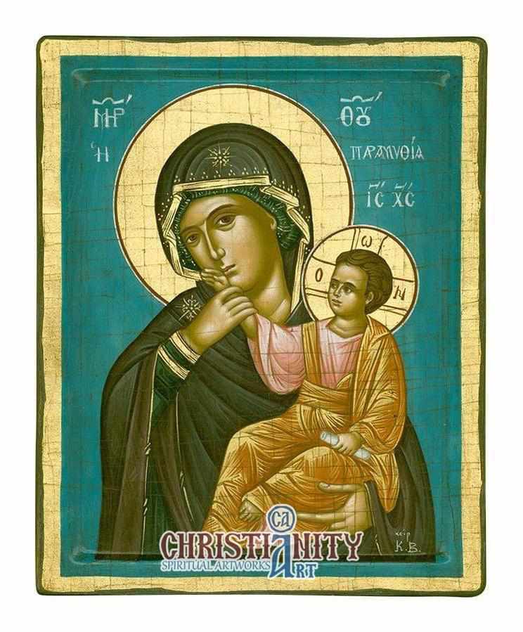 Virgin Mary Paramythia - 100% handpainted wooden icon in canvas with g ...