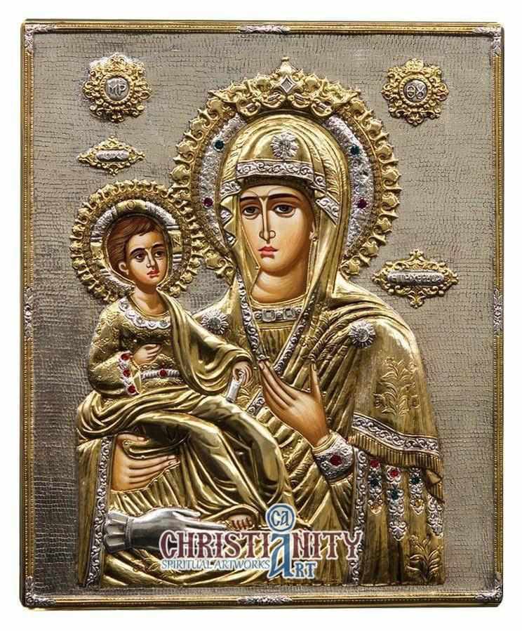 Virgin Mary Tricherousa - Three-Handed - Silver icon on wood, locally ...